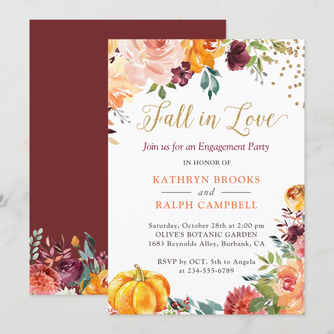 Fall in Love Pumpkin Floral Gold Engagement Party Invitation | Zazzle