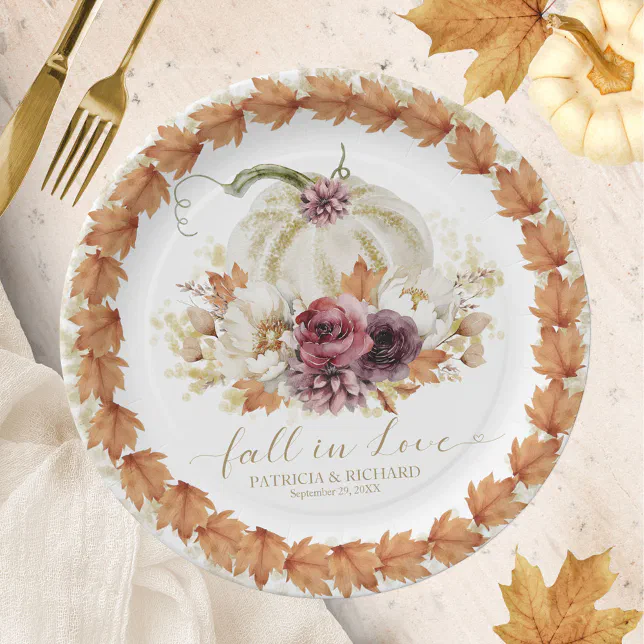 Fall in Love Pumpkin Floral Wedding Paper Plates | Zazzle