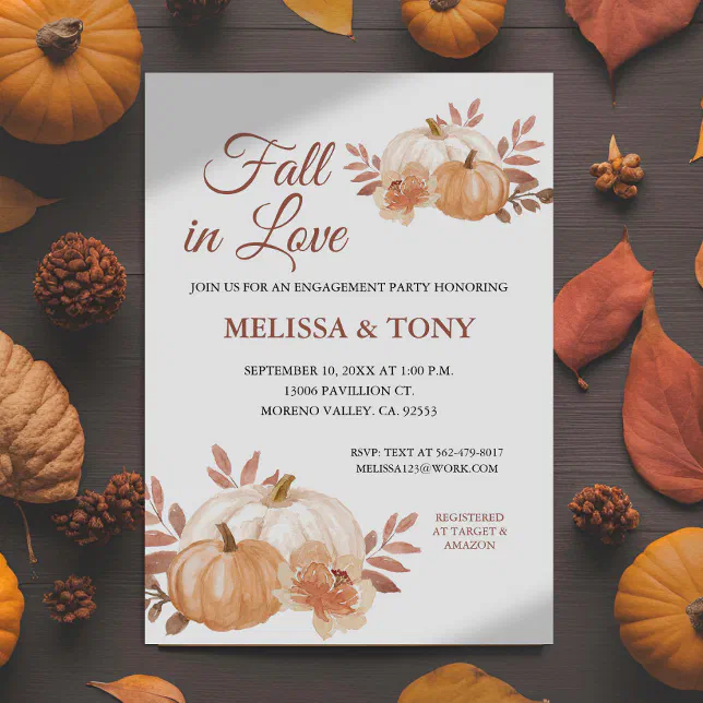 Fall in Love Pumpkin modern engagement party Invitation | Zazzle