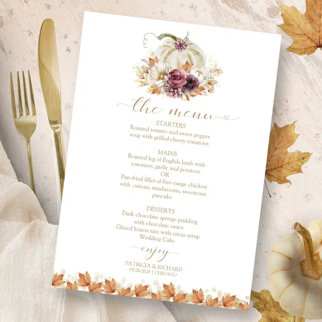 Fall in Love Pumpkin Wedding Menu Card | Zazzle