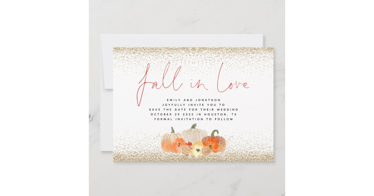 Fall in Love Pumpkins Gold Glitter QR Code Wedding Save The Date | Zazzle