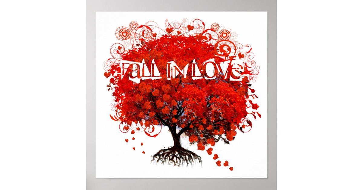 Fall In Love Red Tree With Hearts Falling Poster | Zazzle