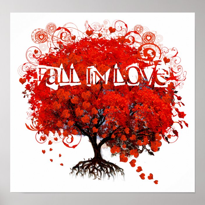 Fall In Love Red Tree With Hearts Falling Poster | Zazzle.com