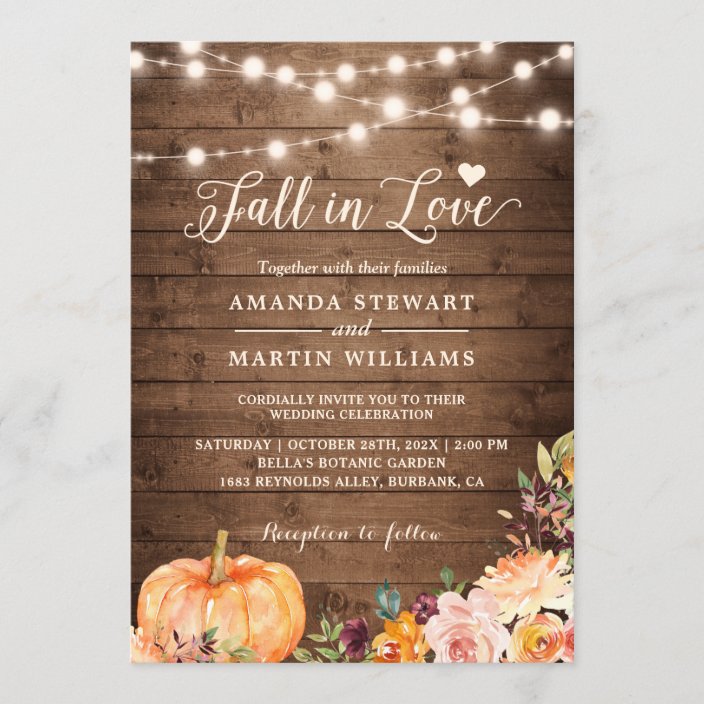Fall in Love Rustic Autumn Floral Pumpkin Wedding Invitation | Zazzle.com