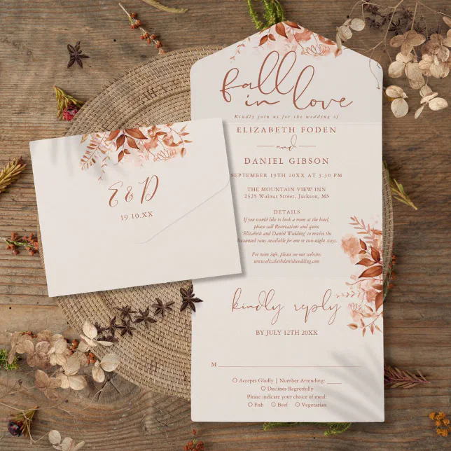 Fall In Love Rustic Floral Details RSVP Wedding All In One Invitation ...