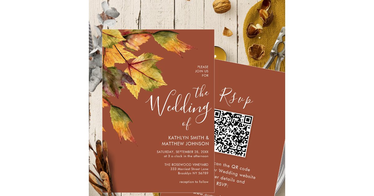 Fall in Love Rustic Foliage Autumn Wedding QR code Invitation | Zazzle