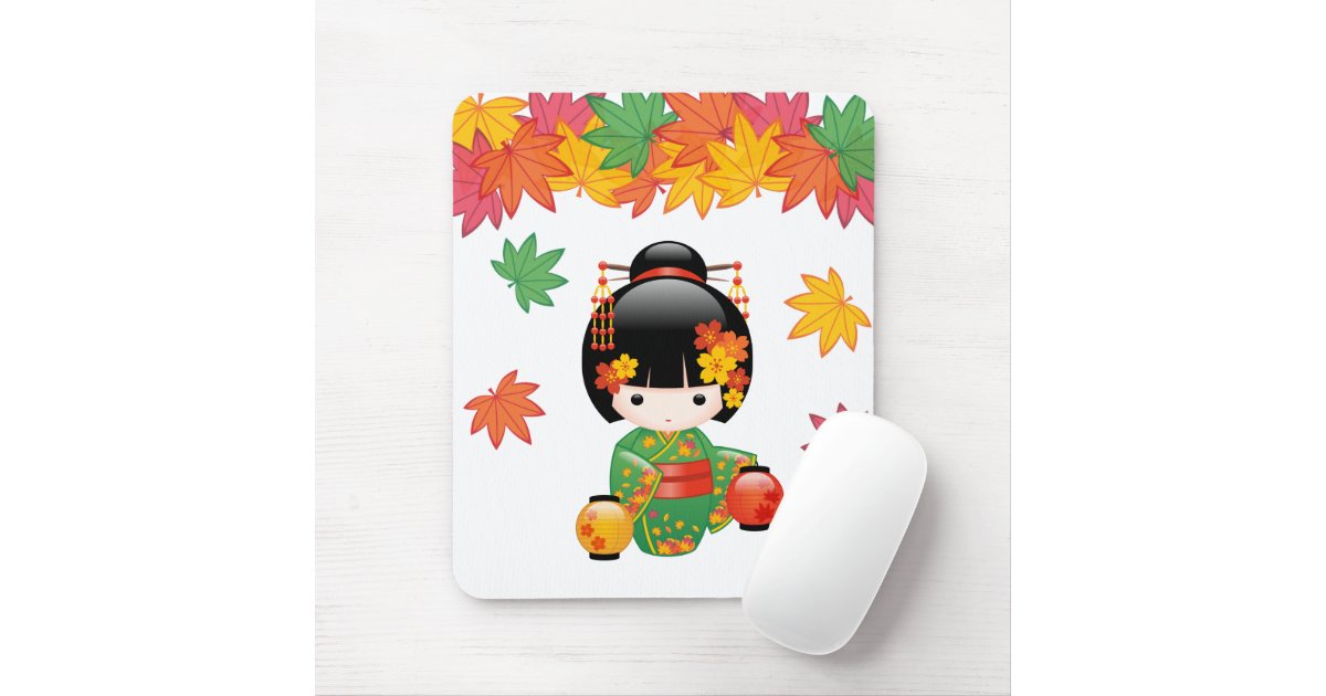 Fall Kokeshi Doll - Green Kimono Geisha Girl Mouse Pad | Zazzle