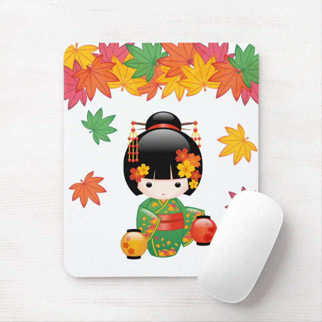 Fall Kokeshi Doll - Green Kimono Geisha Girl Mouse Pad | Zazzle