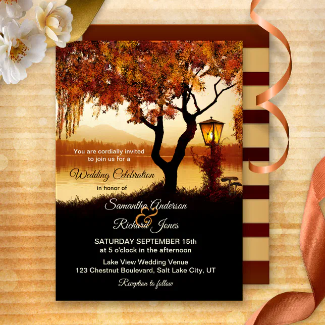 Fall Lake View Tree Wedding Invitation | Zazzle