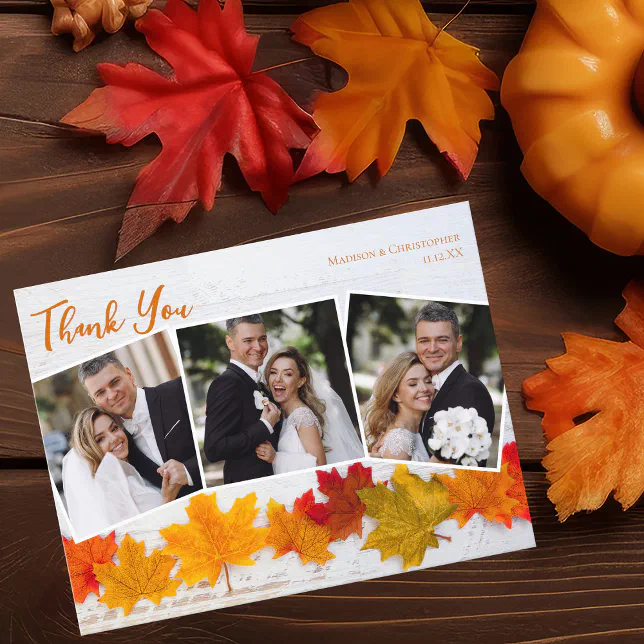 Fall Leaf Thanksgiving Wedding Photo Thank You Postcard | Zazzle
