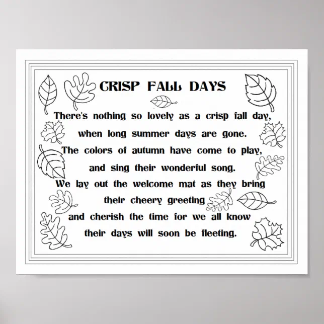 Fall Leaves and Poem Coloring Poster | Zazzle