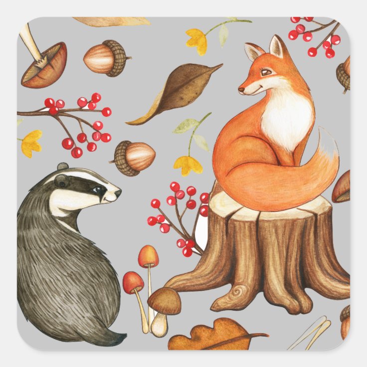 Fall Leaves Badger & Fox Square Sticker | Zazzle