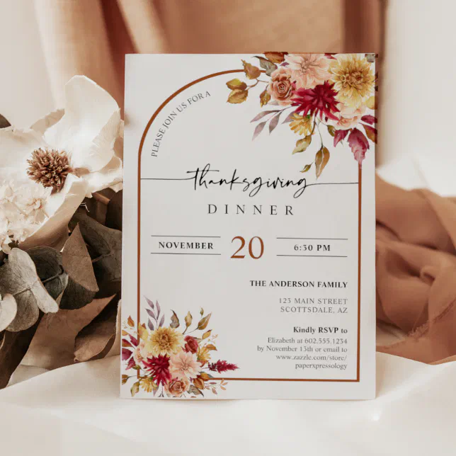 Fall Leaves Boho Arch Pumpkin Thanksgiving Dinner Invitation | Zazzle