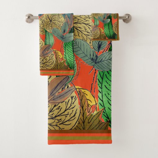Fall Leaves Green, Brown, Rust, Tangerine Bath Towel Set | Zazzle