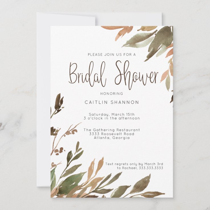 Fall Leaves Greenery Watercolor Bridal Shower Invitation | Zazzle