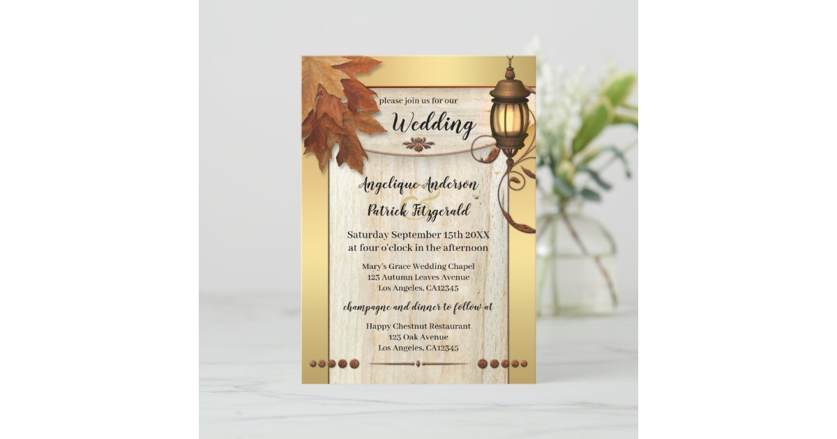 Fall Leaves Lantern Light Gold Wedding Invitation | Zazzle