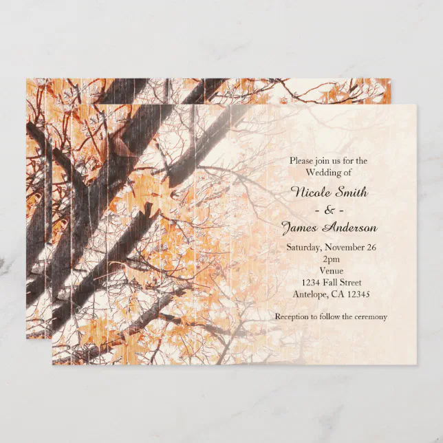 Fall Leaves Maple Tree Rustic Wedding Invitations | Zazzle
