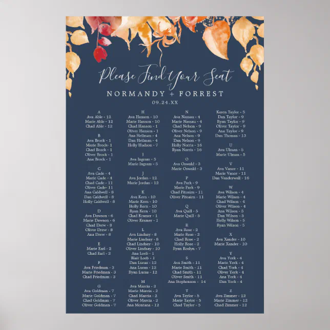 Fall Leaves | Navy Blue Alphabetical Seating Chart | Zazzle