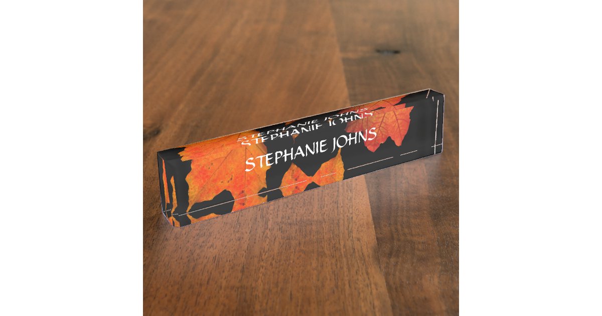 Fall Leaves Orange Monogrammed Name Black 2020 Desk Name Plate | Zazzle