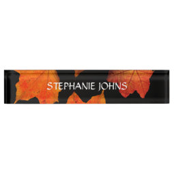 Fall Leaves Orange Monogrammed Name Black 2020 Desk Name Plate | Zazzle