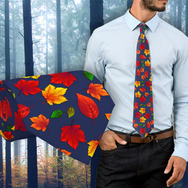 Fall Leaves Pattern Dark Blue Autumn Tie | Zazzle