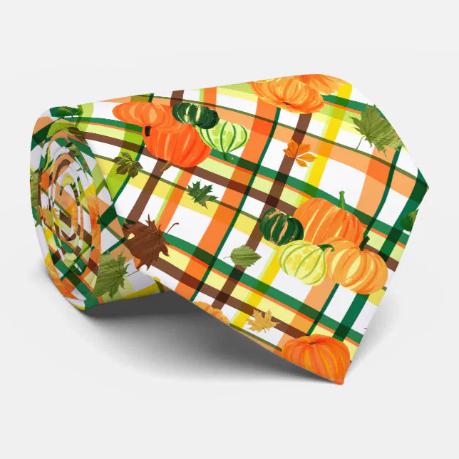Fall Leaves Pumpkin Plaid Pattern Neck Tie | Zazzle