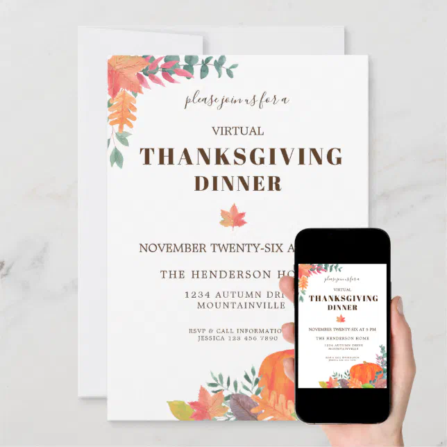 Fall Leaves Pumpkin Virtual Thanksgiving Dinner Invitation | Zazzle