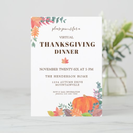 Fall Leaves Pumpkin Virtual Thanksgiving Dinner Invitation | Zazzle