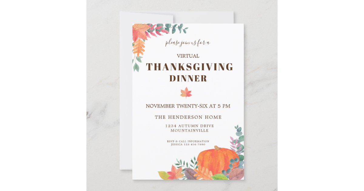 Fall Leaves Pumpkin Virtual Thanksgiving Dinner Invitation | Zazzle