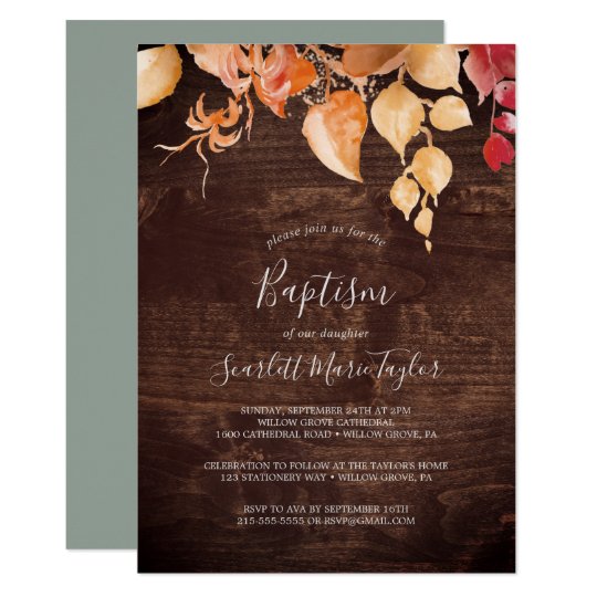 Fall Leaves | Rustic Brown Wood Baptism Invitation | Zazzle.com