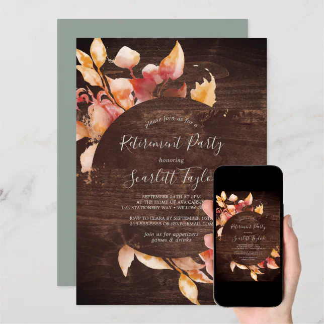 Fall Leaves | Rustic Brown Wood Retirement Party Invitation | Zazzle