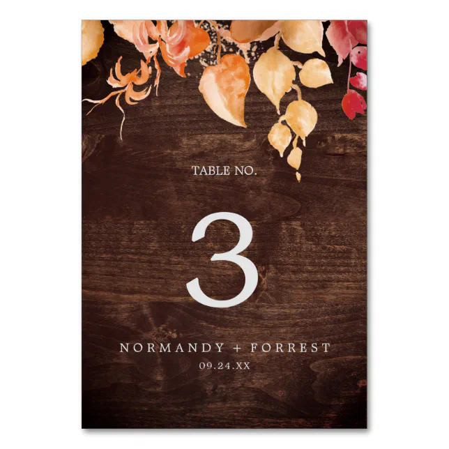Fall Leaves | Rustic Brown Wood Table Number | Zazzle