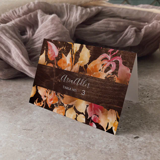 Fall Leaves Rustic Brown Wood Wedding Place Cards | Zazzle
