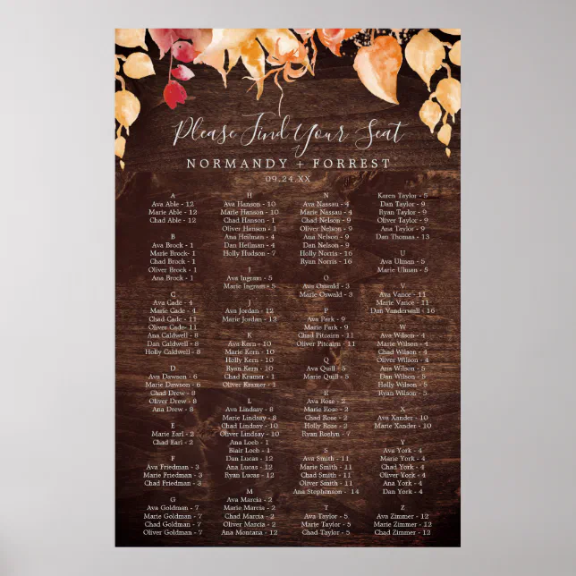 Fall Leaves Rustic Wood Alphabetical Seating Chart | Zazzle