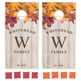 Fall Leaves Rustic Wood Monogram Cornhole Set | Zazzle