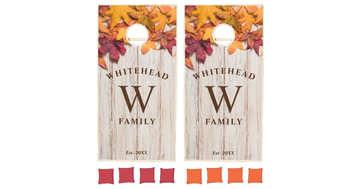 Fall Leaves Rustic Wood Monogram Cornhole Set | Zazzle