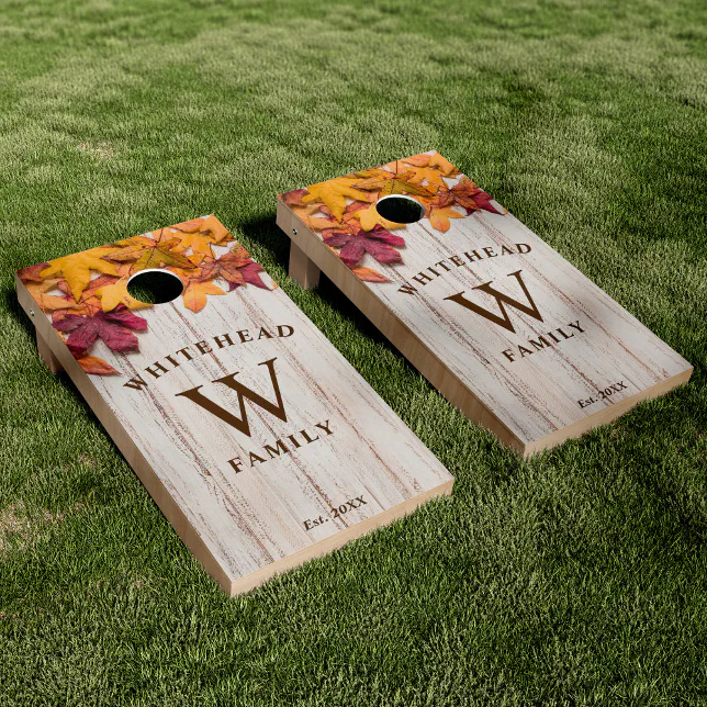 Fall Leaves Rustic Wood Monogram Cornhole Set | Zazzle