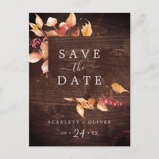 Fall Leaves | Rustic Wood Save the Date Postcard | Zazzle.com
