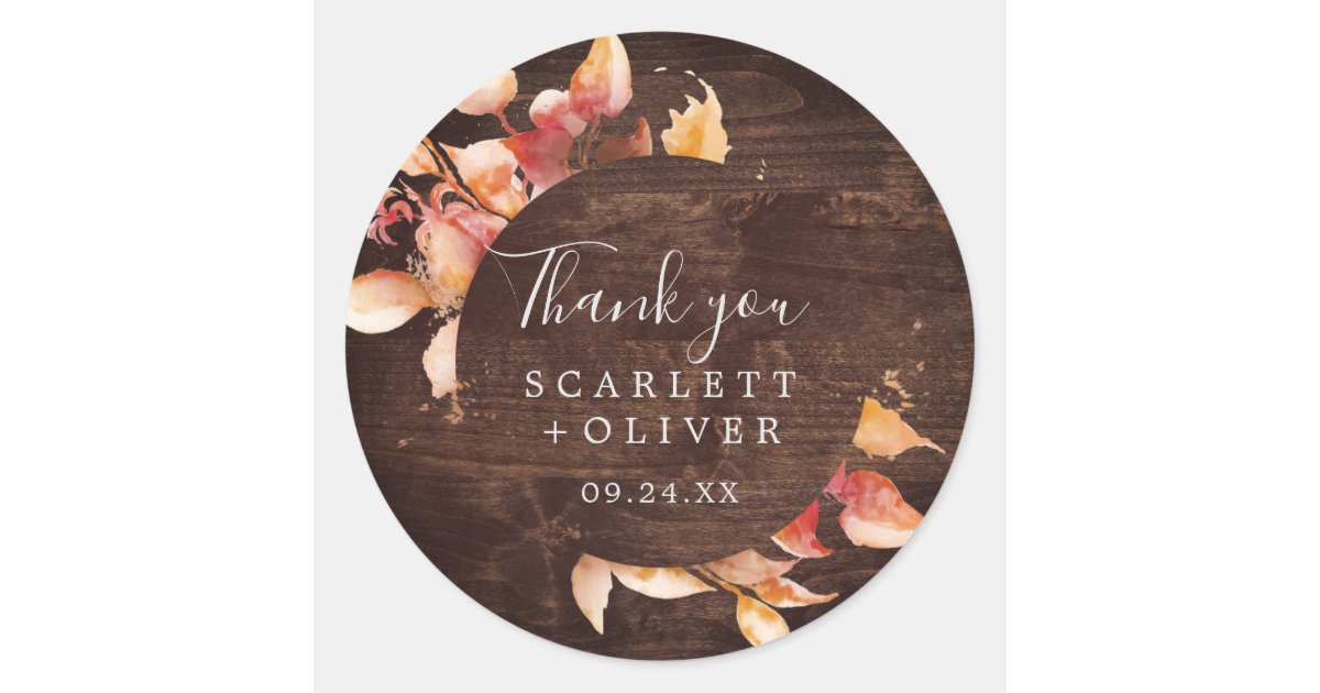 Fall Leaves | Rustic Wood Thank You Favor Sticker | Zazzle.com