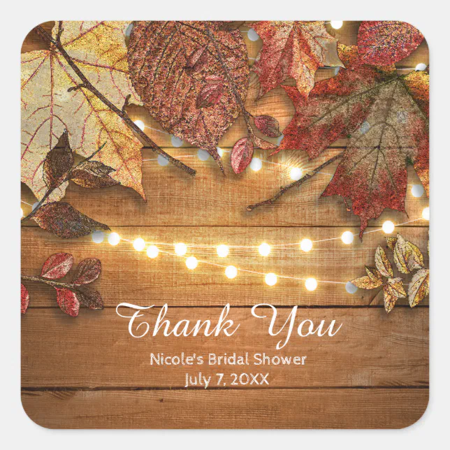 Fall Leaves & String Lights on Rustic Wood Favor Square Sticker | Zazzle