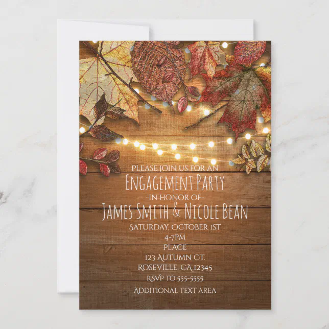 Fall Leaves & String Lights on Rustic Wood Invitation | Zazzle