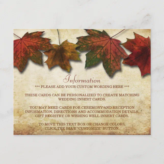 Fall Leaves Wedding Insert Card | Zazzle