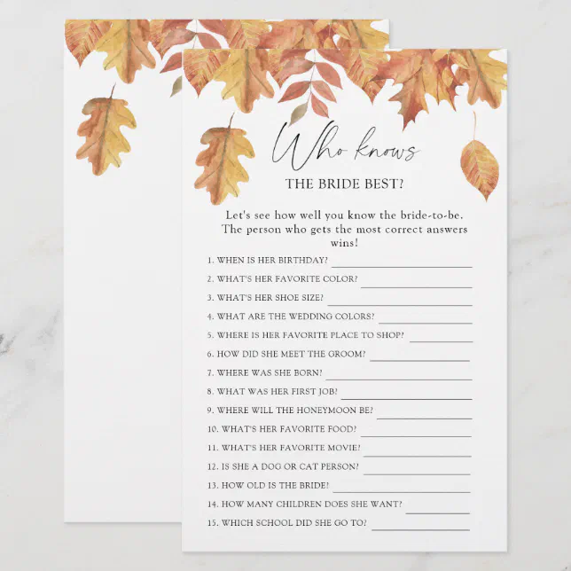 Fall leaves - Who knows the bride best game | Zazzle