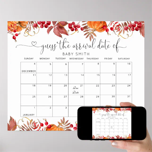 Fall Little pumpkin Guess the due Date calendar Poster | Zazzle