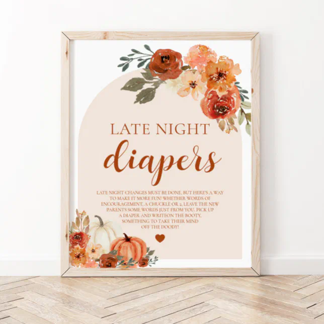 Fall Little Pumpkin Late Night Diapers Baby Shower Poster | Zazzle