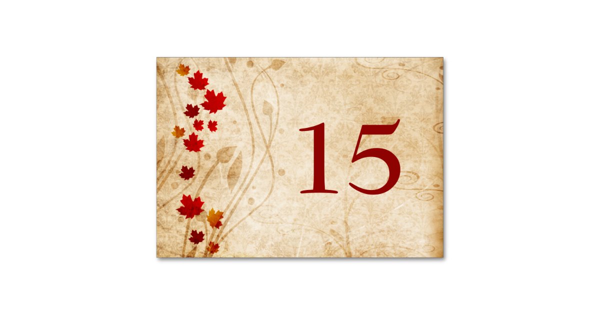 Fall maple leaves, rustic wedding table numbers | Zazzle