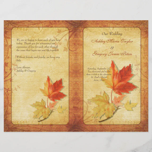 Fall Maple Leaves Wedding Program | Zazzle