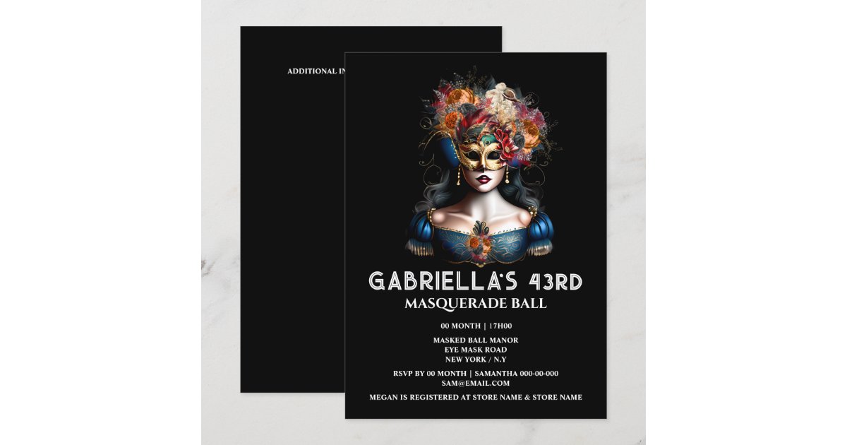 Fall masquerade gypsy blue gold carnival elegant invitation | Zazzle
