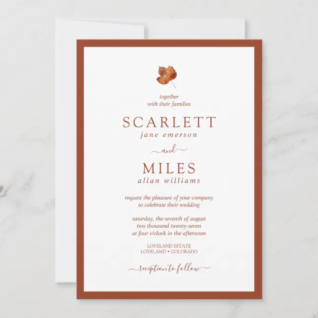 Fall Minimalistic Leaf Terracotta Border Wedding Invitation | Zazzle