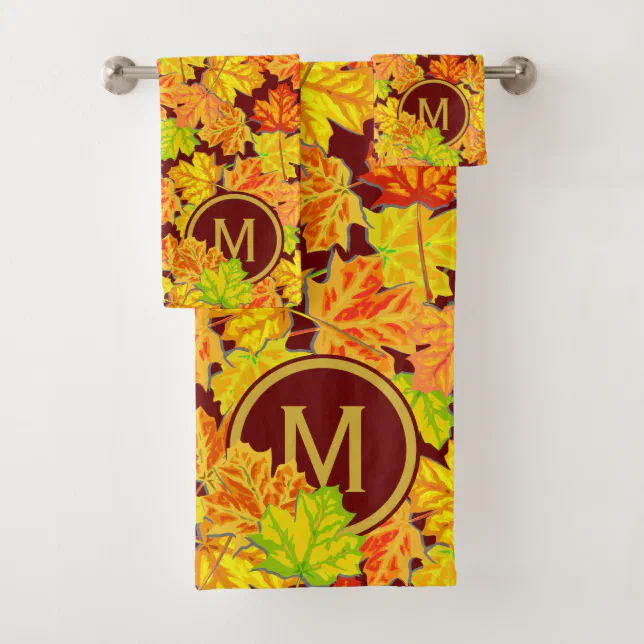 Fall Monogram Maple Leaves Autumn Foliage Pattern Bath Towel Set | Zazzle